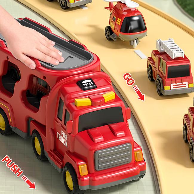 Friction-Powered Carrier Truck Transport Set with Firefighter Vehicles ...