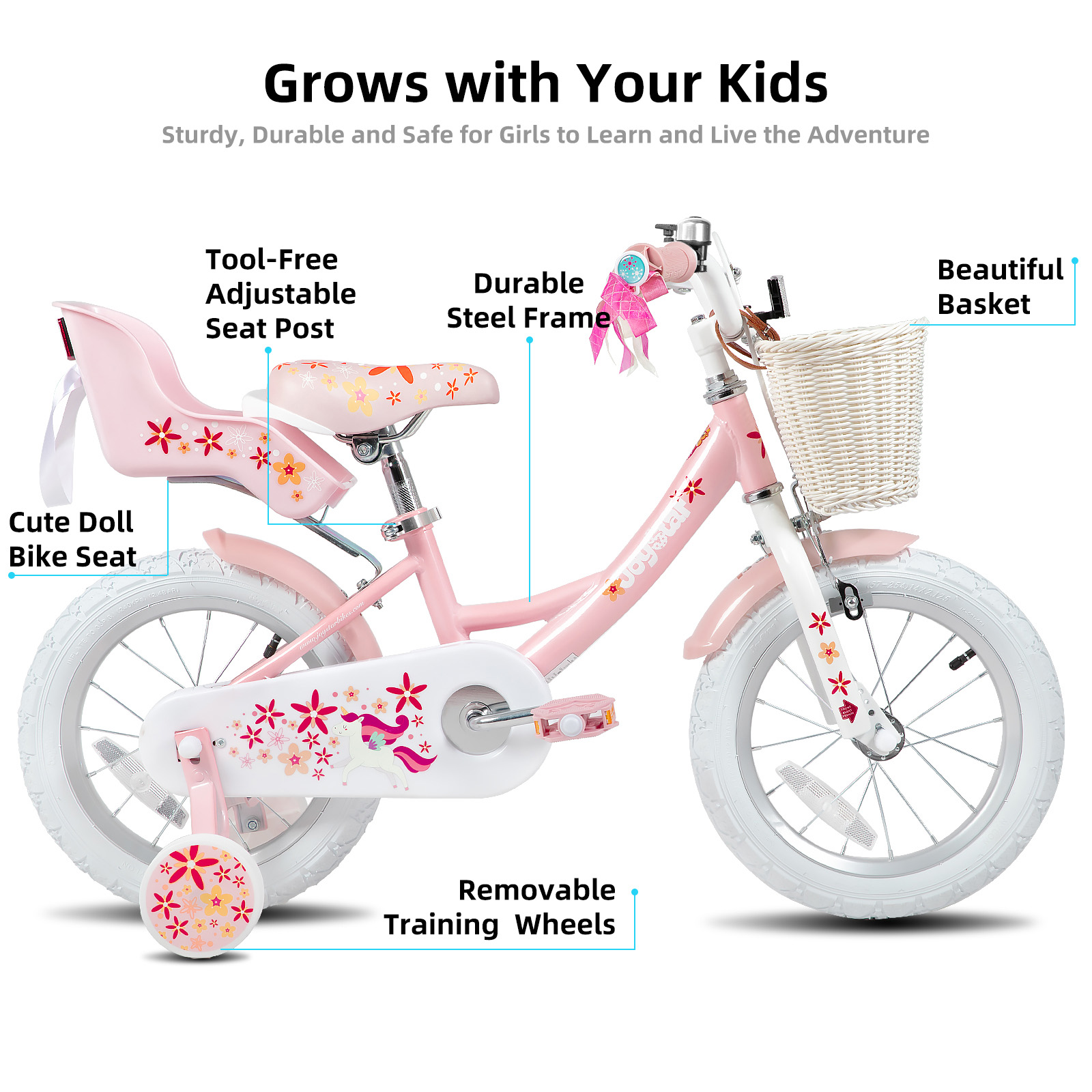 Unicorn Girls Bike with Training Wheels, Basket, Streamers, and Doll ...