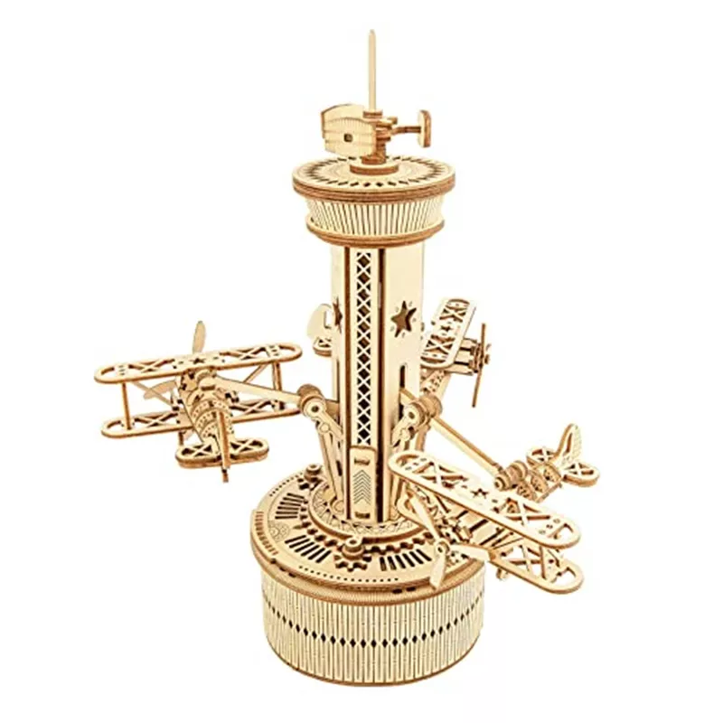 3D Wooden Puzzle Airplane Music Box Kit with Moving Control Tower