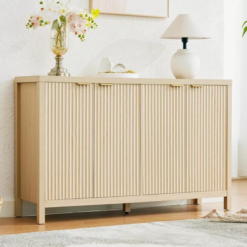 Modern Fluted Sideboard Cabinet with Storage – 4-Door Accent Buffet
